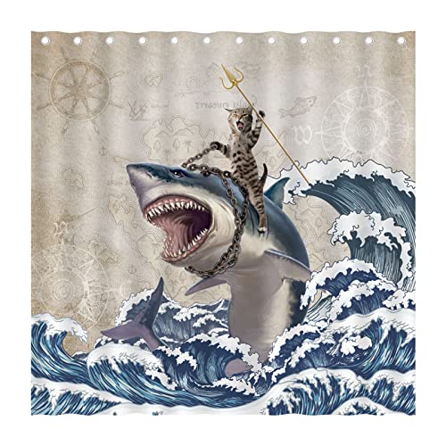 LEITINGYA Funny Cat Shower Curtain, Cool Cat Riding Shark Shower Curtain, Japanese Ocean Wave Nautical Anchor Shower Curtains for Bathroom, Waterproof Shower Curtain Set 12 Hooks Included -72x72 Inch