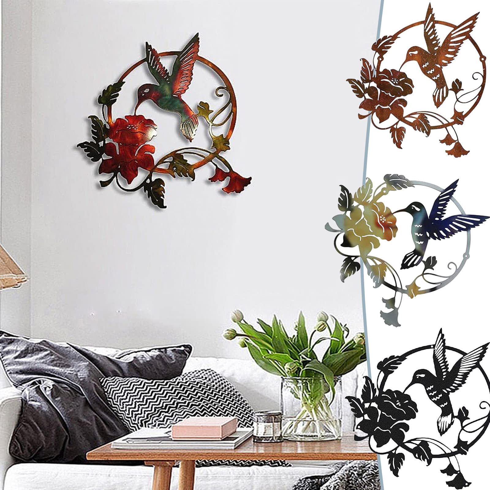 YPUIRR Round Metal Birds Wall Art Decor, Color Metal Flying Hummingbird with Lily Flower Wall Art Home Decoration, Wall Hangings Modern Metal Wall Art Circles for Living Room Garden, one size