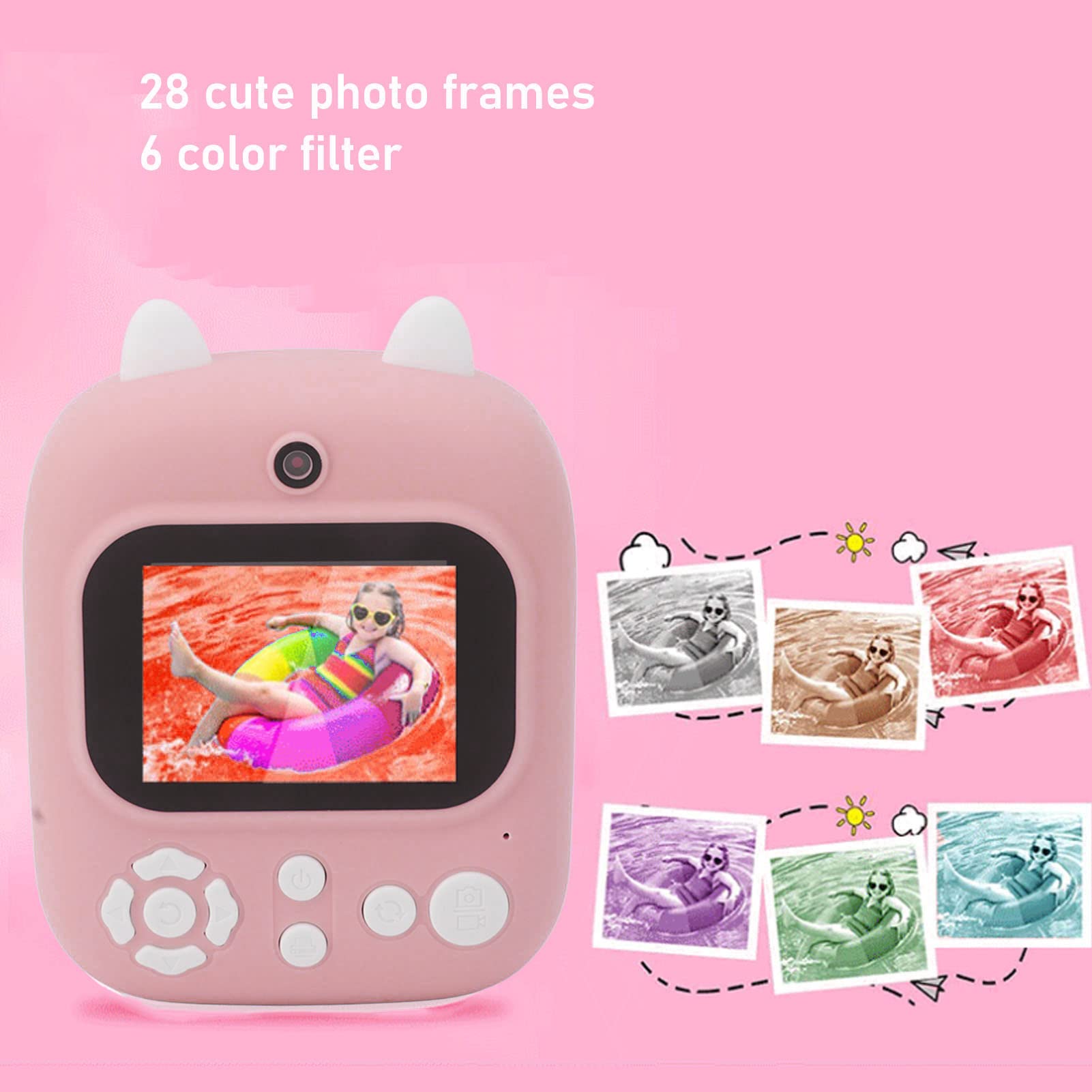 Camera, ABS Silicone Auto 2.4in 6 Filter Effects Kids Digital Camera 1080P Front and Rear Lens with Home Kits (Pink)
