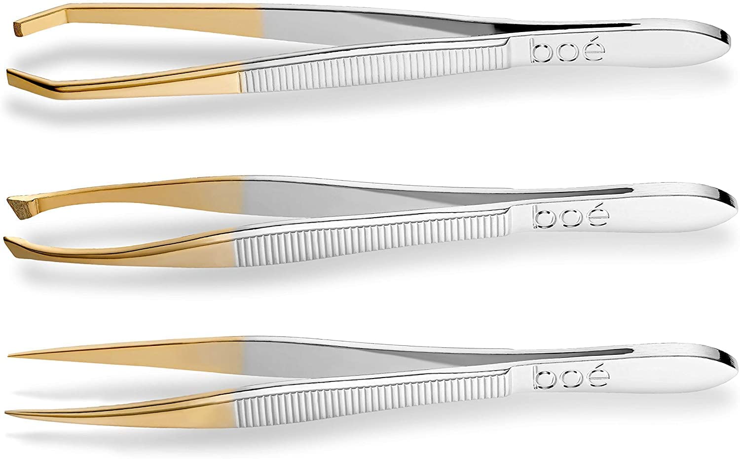 Boé Perel Eyebrow Tweezer Set - Flat Square Tip and Sharp Point Tip Professional Swiss Grip Tweezers Hair Removal Tool, Set of 3