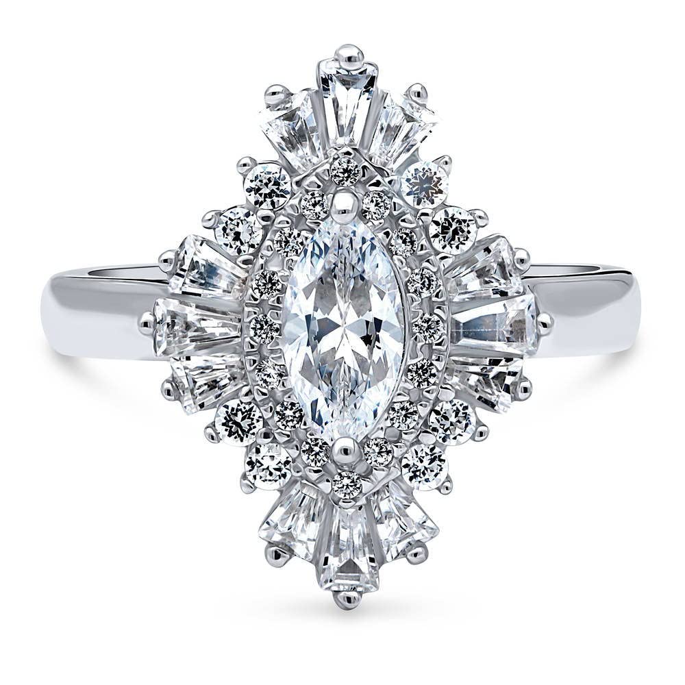BERRICLE Sterling Silver Halo Wedding Engagement Rings Marquise Cut Cubic Zirconia CZ Statement Cluster Ring for Women, Rhodium Plated Size 5