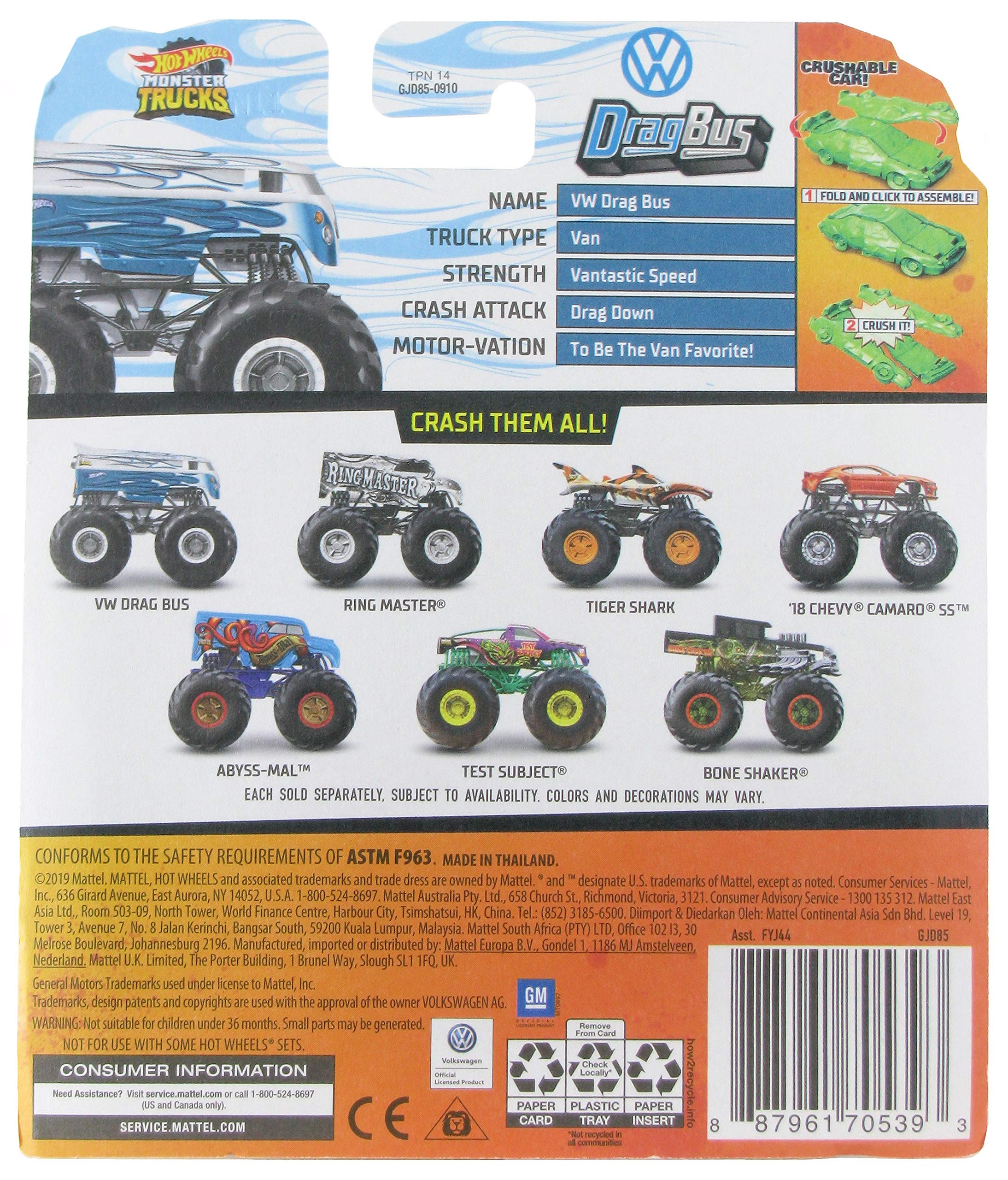 Hot Wheels Monster Trucks 2020 1:64 Scale Truck with Crushable Car #68/75 HW Flames #5/5 VW Volkswagen Drag Bus