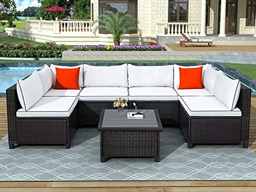 GAOPAN 7 Piece Garden Outdoor Modular Wicker Furniture Set, Sectional Rattan Sofa Patio Lounge & Deep Seating Conversation Furnishings with Cushions,Accent Pillows & Coffee Table, White+Black