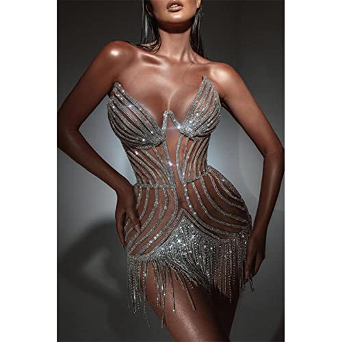 Baidicheng Crystal Bras Bikini Chain Suit Bridal Luxury Rhinestone Bra Underwear Prom Party Beaded Gorgeous Body Chain for Women's,Silver