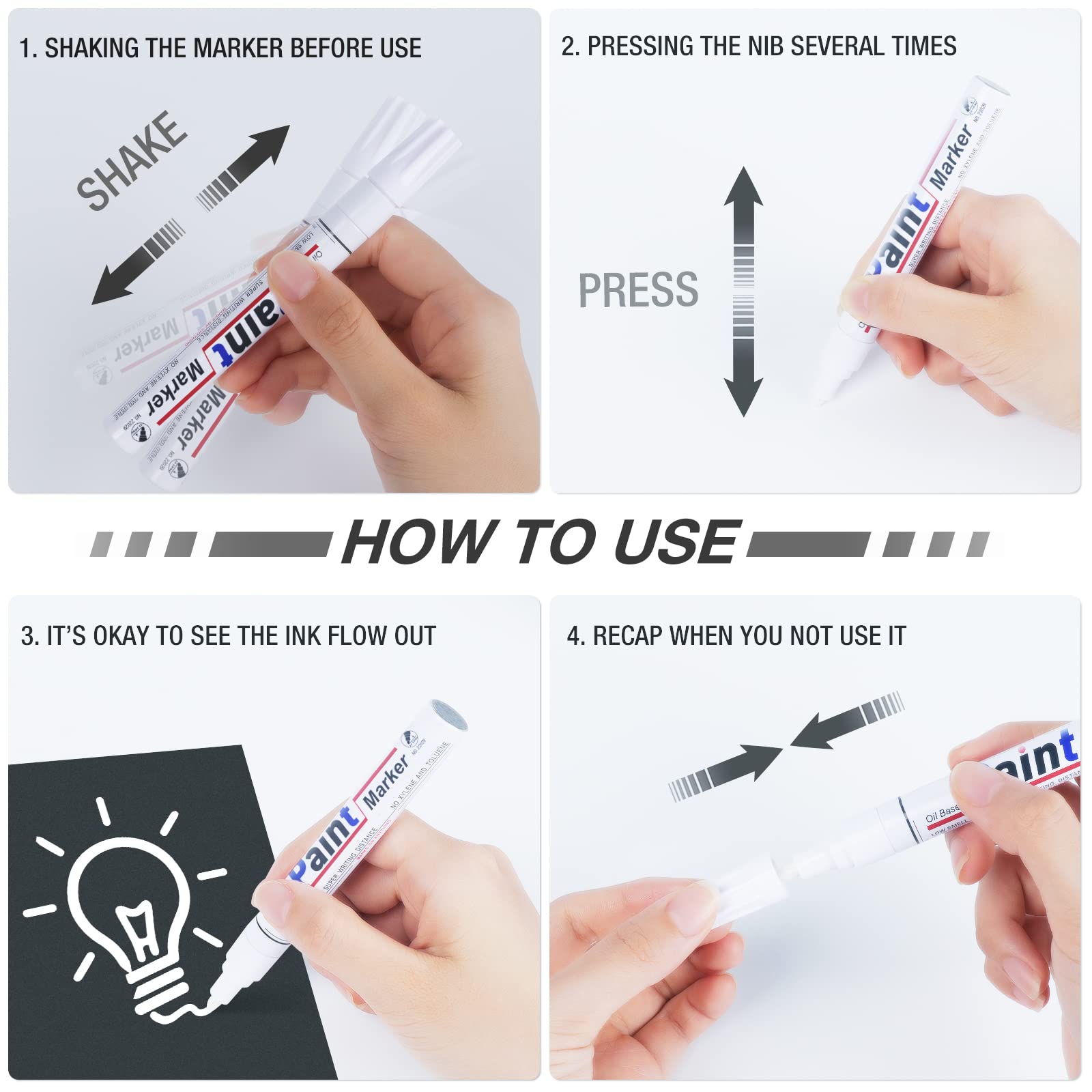 DAPAWIN White Permanent Marker Waterproof - 8 White Paint Markers for Metal Surfaces Tire Black Paper Wood Plastic Rocks Fabric, White Marker Permanent, Oil Based Paint Markers White Medium Tip