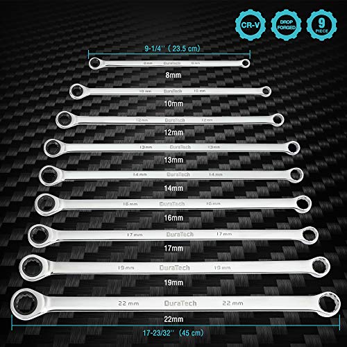 DURATECH Extra Long Ratcheting Wrench Set, Combination Wrench Set, Metric, 9-Piece, 8,10,12,13,14,16,17,19,22mm, CR-V Steel, with EVA Foam Tool Organizer