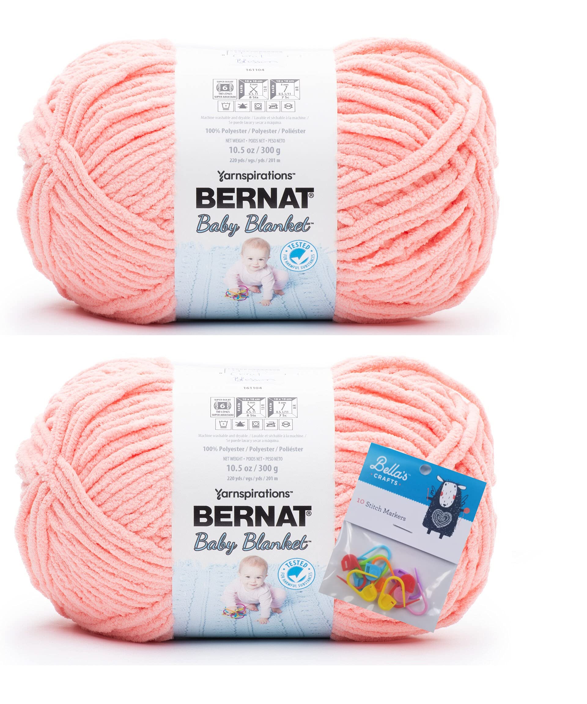 Bernat Baby Blanket Yarn - Big Ball (10.5 Oz) - Coral Blossom - 2-Pack Bundle with Bella's Crafts Stitch Markers