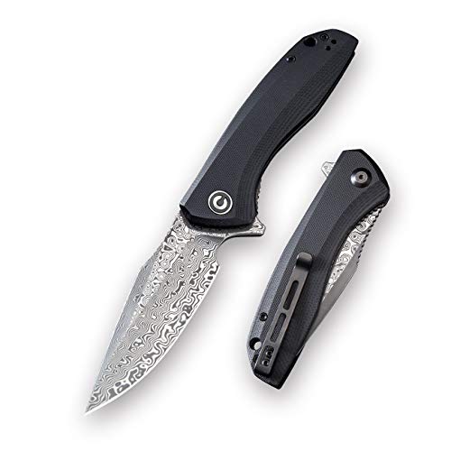 CIVIVI Knives Flipper Folding Knife Baklash with 3.5" Damascus Drop Point Blade and Black G10 Handles for EDC, Outdoor and DIY Activities C801DS