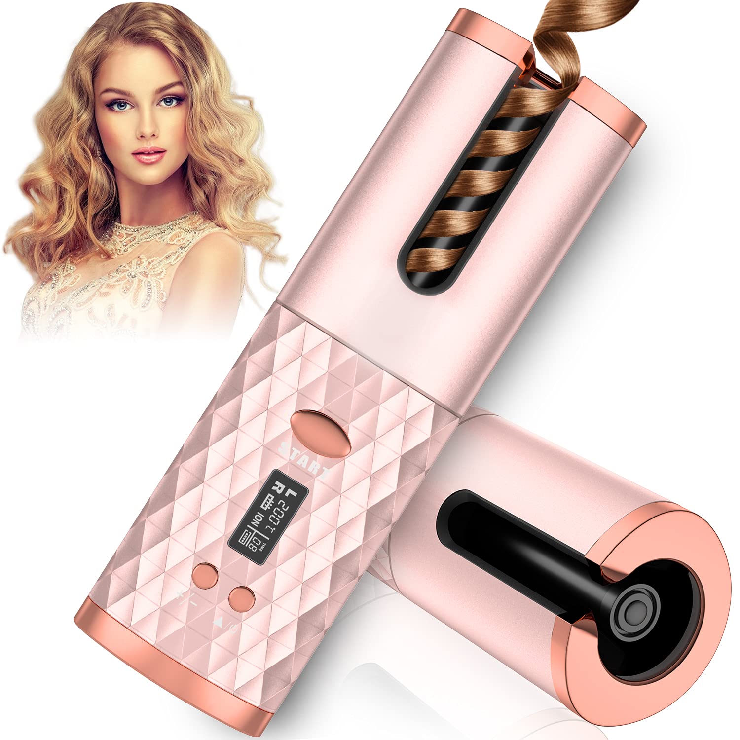 Automatic Curling Iron, Cordless Auto Hair Curler w/ 6 Temp & Timer, Rechargeable Ceramic Hair Curlers, Portable Rotating Curling Wand Styling Tool, Fast-Heating, Auto Shut Off