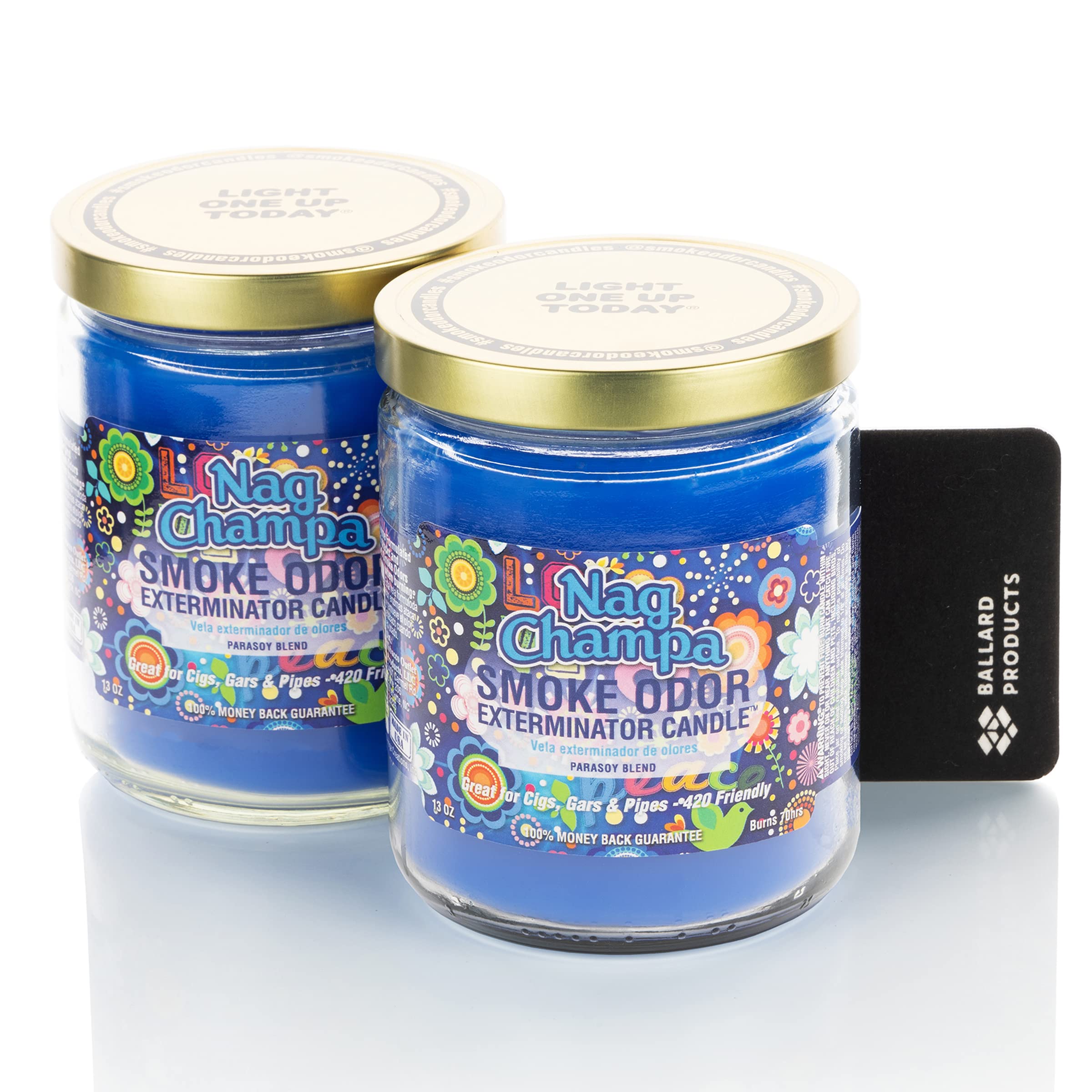Smoke Odor Exterminator Scented Candle Nag Champa - Pack of 2 - Odor Eliminating Candle Bundle with Ballard Products Car Air Freshener, Blue
