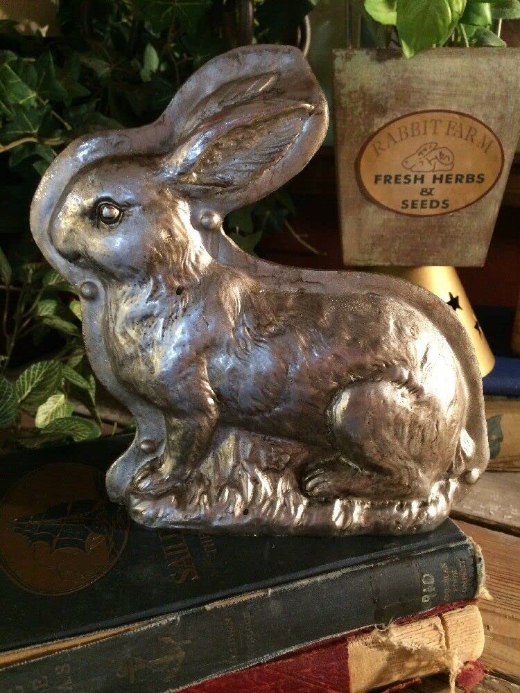 Primitive Antique VTG Tin Style Easter Bunny Rabbit Silver Resin Chocolate Mold Home and Garden