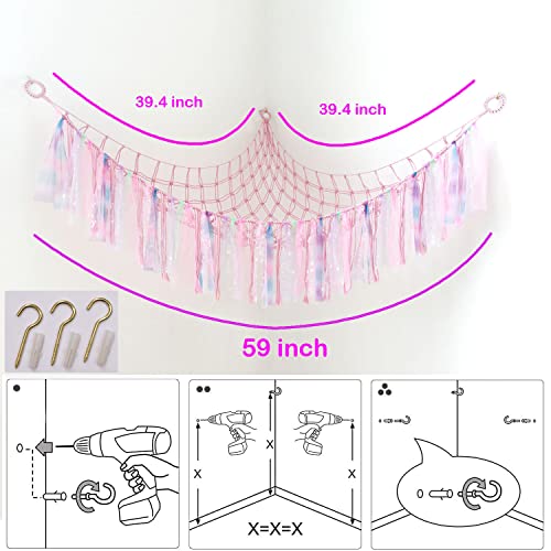 Stuffed Animal Net or Hammock with LED Light, Toy Hammock Hanging Stuffed Animal Storage Organizer Holder Boho Decor for Nursery Playroom Bedroom Kids Room Storage (Pink)