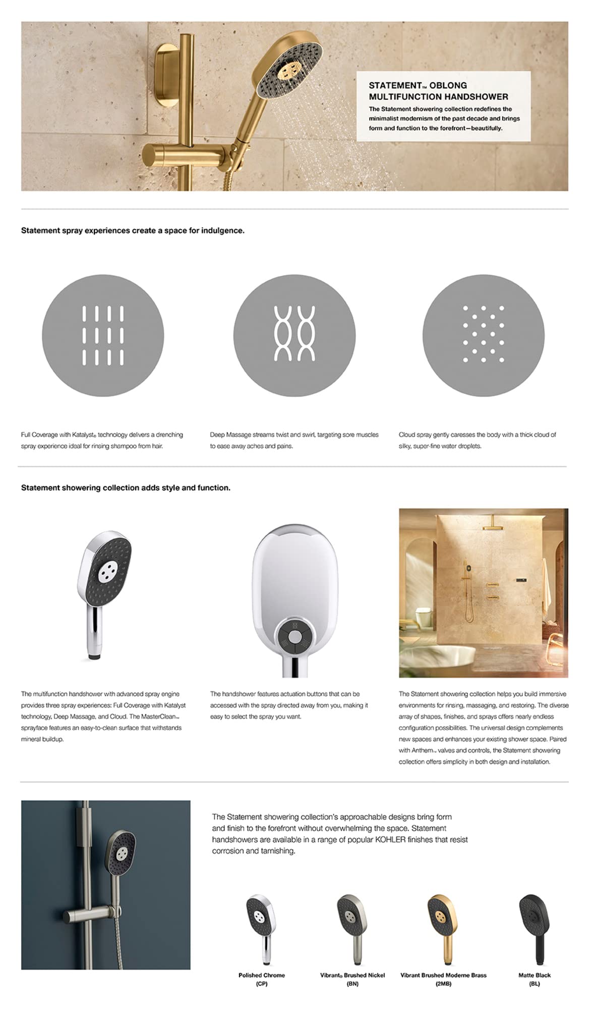 KOHLER 26284-CP Statement Oblong MULTIFUNCTION HAND SHOWER, Maximum Spray Performance with Three Spray Experiences, Polished Chrome, 2.5 GPM