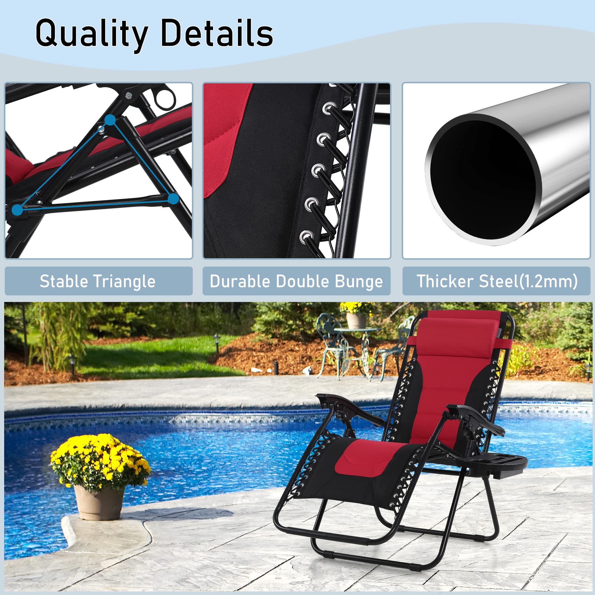 PHI VILLA Set of 2 Padded Zero Gravity Lounge Chair Folding Patio Recliner with Adjustable Headrest & Cup Holder, Support 350 LBS(Red)