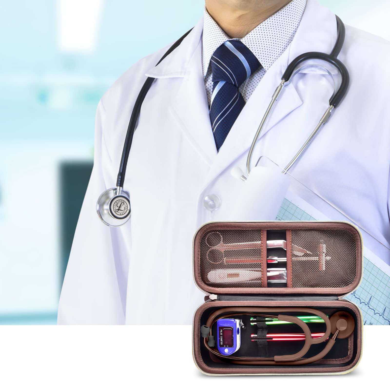 Stethoscope Case Compatible with 3M Littmann Classic III Monitoring/Lightweight II S.E/Cardiology IV Diagnostic/MDF Acoustica Stethoscopes, Extra Pocket for Doctor & Nurse Accessories (Dark Brown)