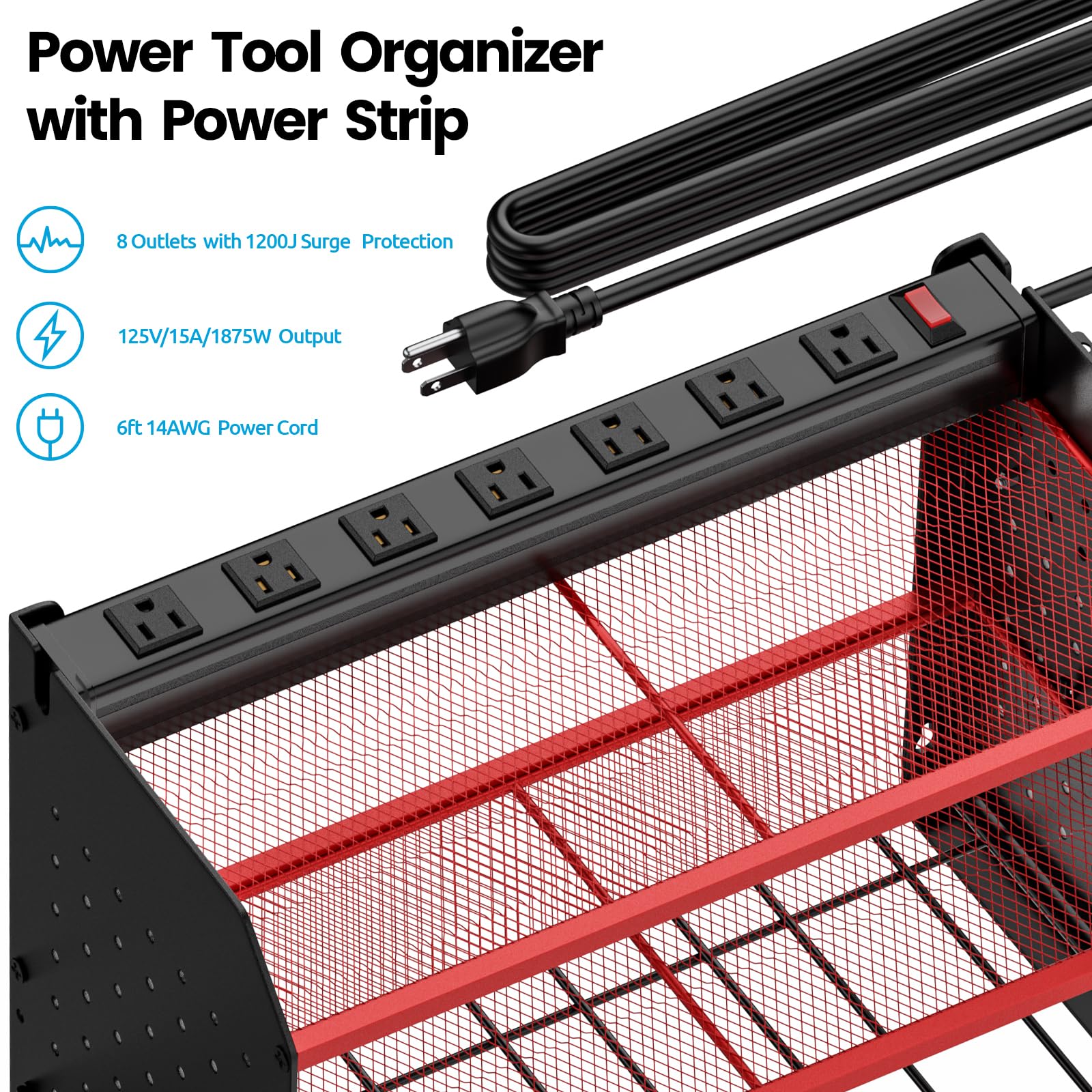 FUZVOL Power Tool Organizer Wall Mount With Power Strip 8-outlet Surge Protector, Heavy Duty Garage Storage Shelves Rack With Drill Bit Holder, Cordless Power Tool Holder With Charging Station,Red
