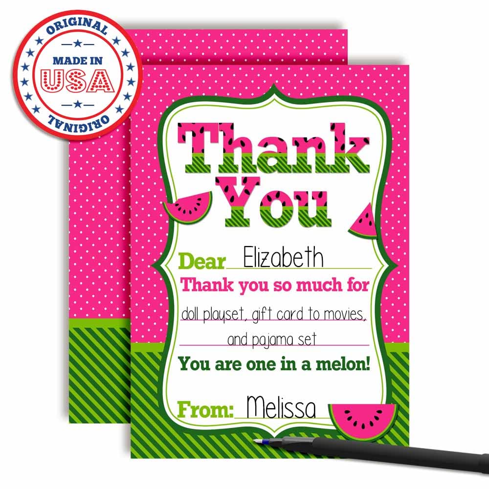 Pink Watermelon Sweet Celebration Birthday Thank You Notes, Ten 4" x 5.5" Fill In The Blank Cards with 10 White Envelopes by AmandaCreation