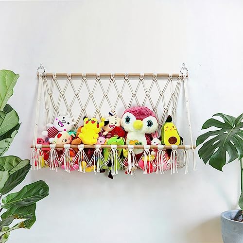 Stuffed Animal Net or Hammock,Boho Handmade Cute Stuffed Animals Storage For Hanging,Toy Storage Organizer For Kids Bedroom (Beige 3)