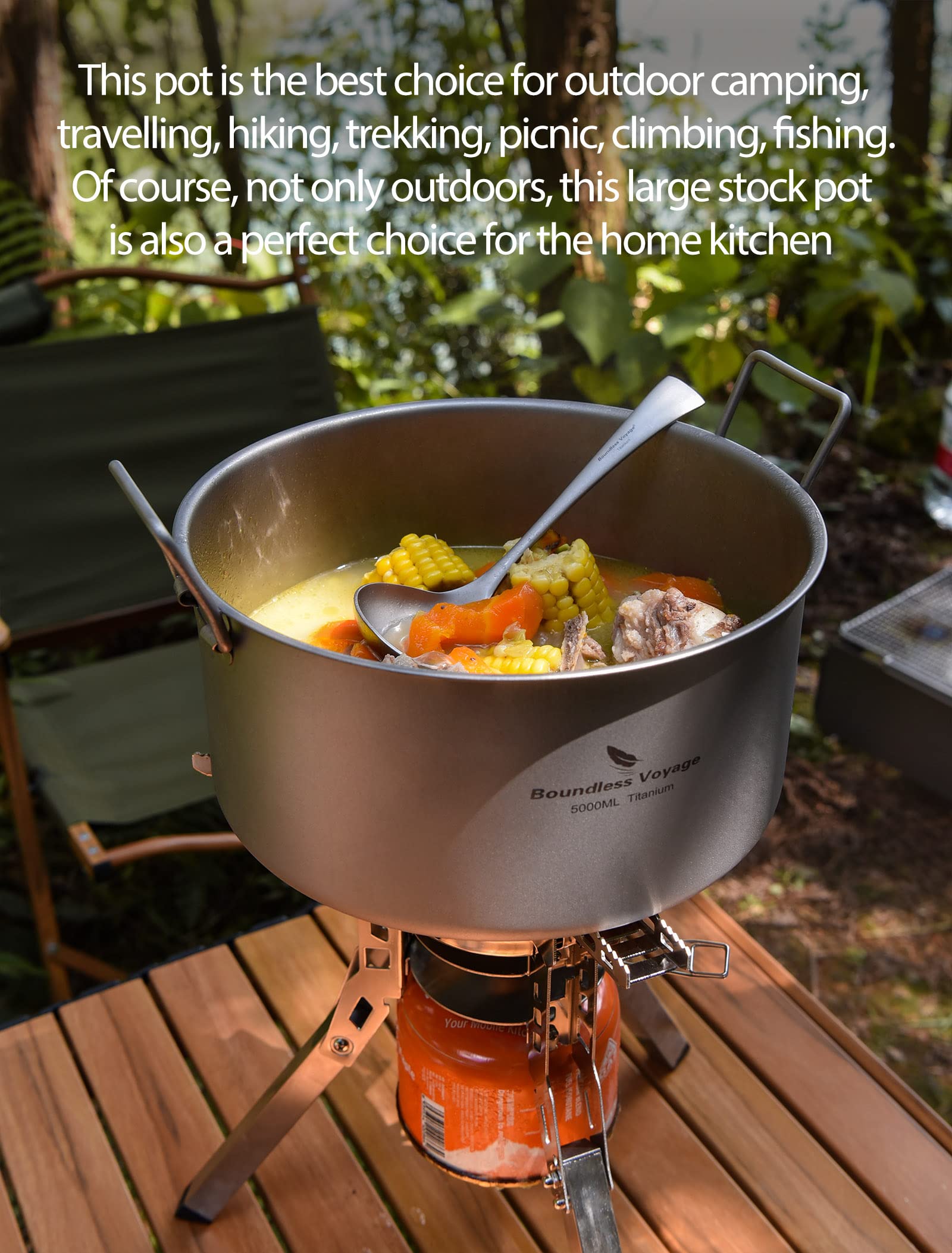 Boundless Voyage 5L Titanium Stock Pot with Lid Folding Handle Soup Pot for Outdoor Camping Hiking Picnic Home Kitchen Ultralight Cookware Ti2104C