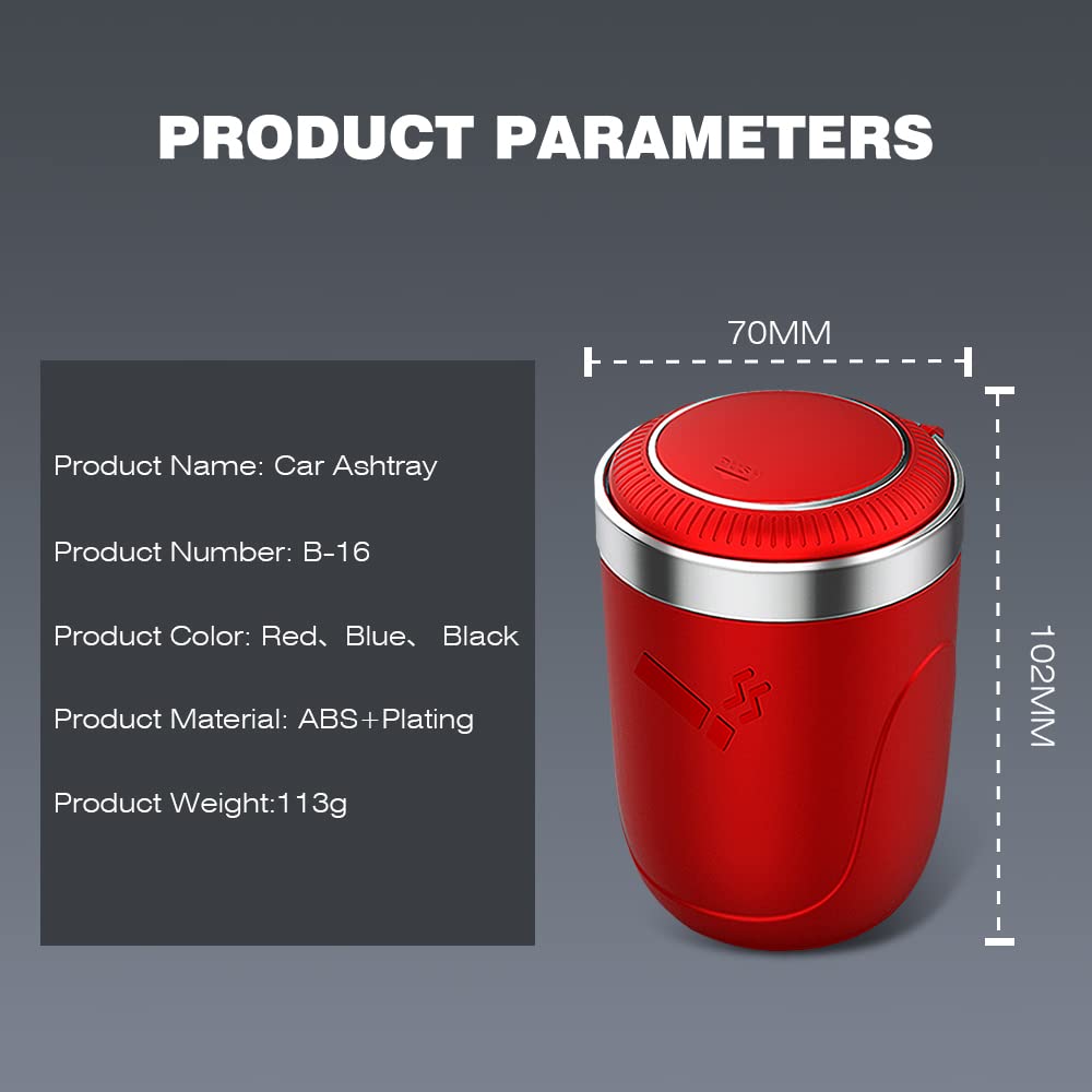 BALUME Car Ashtray with Lid, Portable Ashtray for Car, Mini Car Trash Can, Detachable Stainless Steel Smokeless Ash Tray with LED Blue Light, Windproof for Outdoor Travel Home Use (Red)