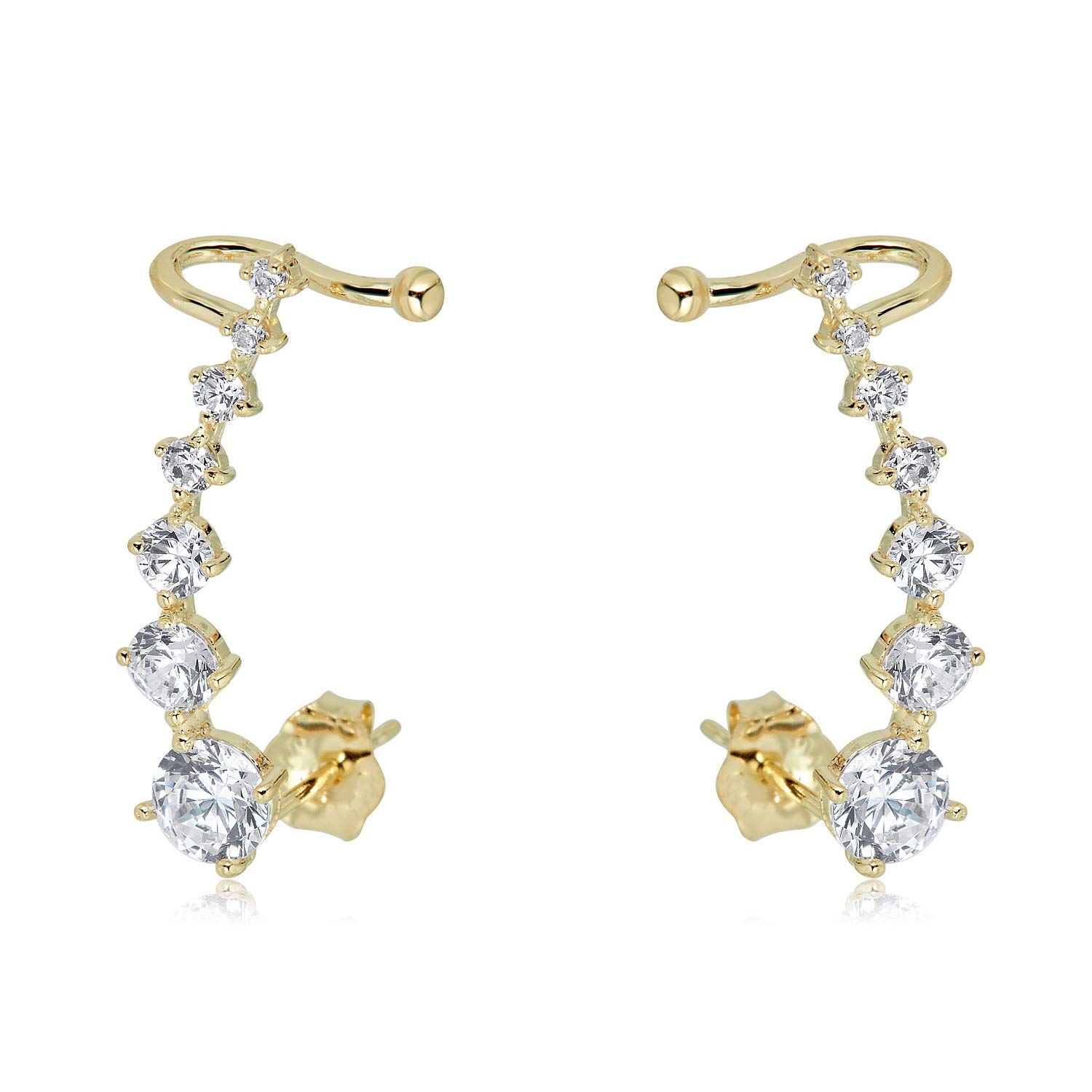 AVORA 10K Yellow Gold Ear Crawler/Climber Cuff Simulated Diamond CZ Earrings