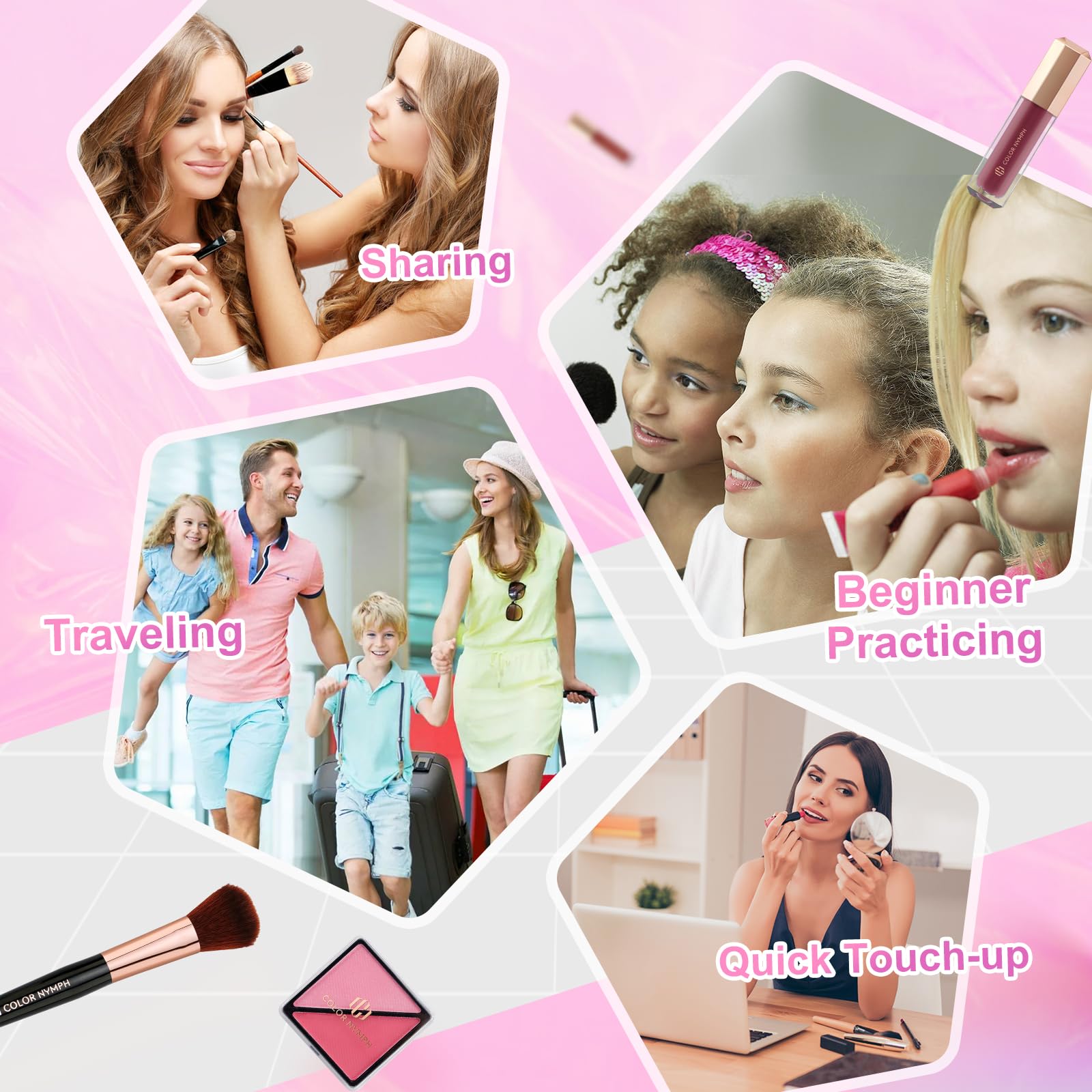 Color Nymph Beginner Makeup Kits For Teens With The Delicate Handbag Included Eyeshadow Palette Blushes Bronzer Highlighter Lipstick Brushes Mirror(Pink)