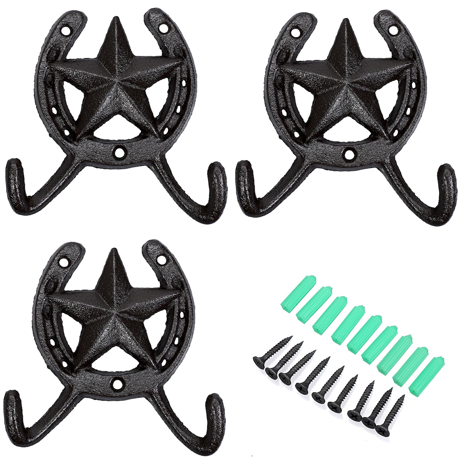 Laxioriew Pack of 3 Wall Mounted Cast Iron Lucky Horseshoe Hook, Heavy Duty Rustic Country Wall Coat Hook Star Decorative Hook, Farmhouse Horse Shoe Vintage Towel Hook for Hats Coats Keys