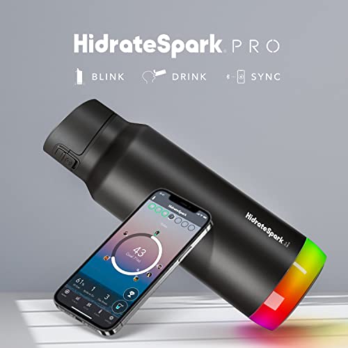 Hidrate Spark PRO Smart Water Bottle – Insulated Stainless Steel – Tracks Water Intake with Bluetooth, LED Glow Reminder When You Need to Drink – Chug Lid, 32oz, Black