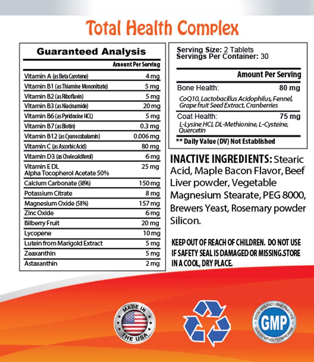 Dog Eye Vitamins Support - Dogs Total Health Complex - Hair Coat Skin Teeth Gums Eye Urinary Support - Immune Booster - Allergy Immune Supplement for Dogs - 120 Tablets (2 Bottles)