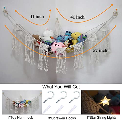 Stuffed Animal Net or Hammock with LED Light - Stuffed Animal Storage Toy Hammock for Wall - Hanging Corner Net with Boho Macrame Tassels, Plush Toy Net Hammock for Kids Bedroom Decor (41*41*57)