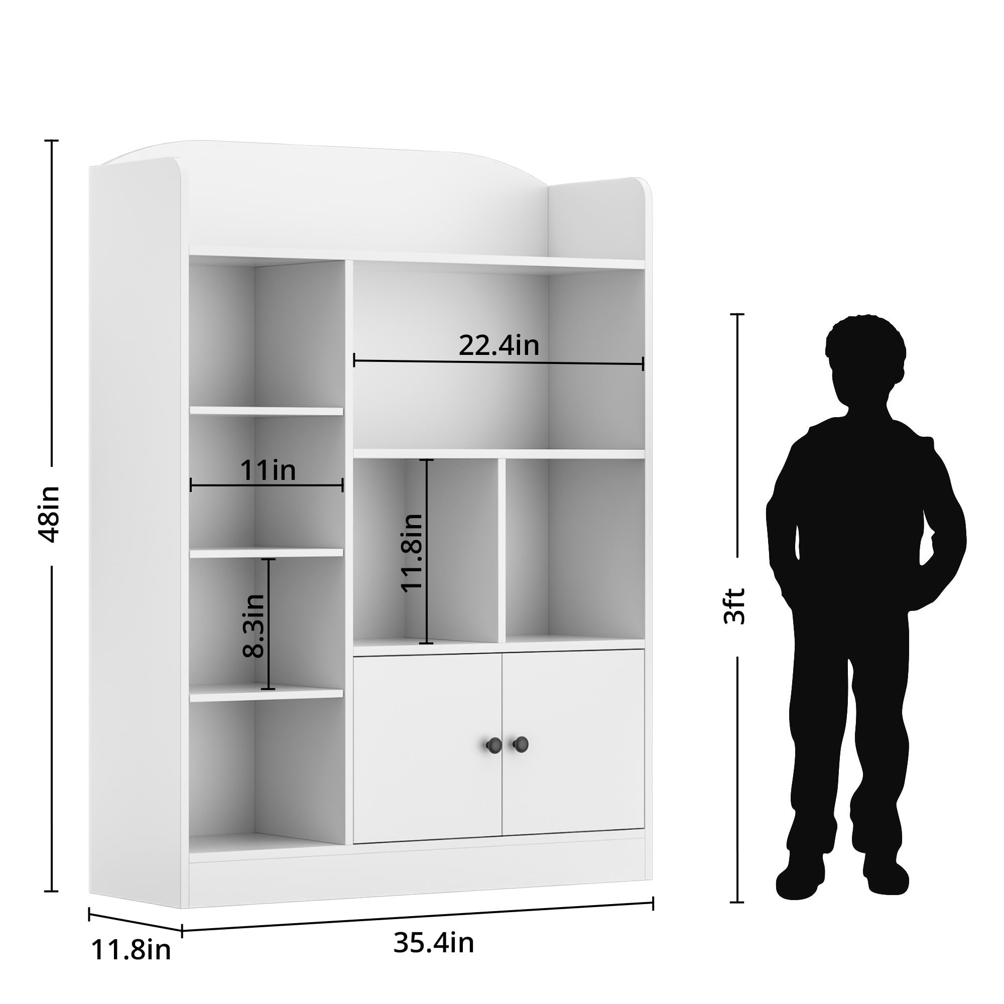 DIYART White Kids Bookshelf, Kids Bookcase with 7 Cubbies and 2 Cabinets, Freestanding Book Storage Shelves for Bedroom, Playroom, Hallway