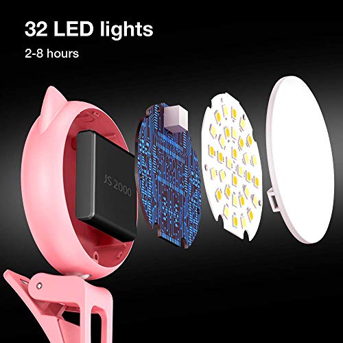 OURRY Selfie Clip on Ring Light, Mini Rechargeable 9 Level Adjustable Brightness Light with 32 LED, 2-8 Hours, USB Flash Lighting for iPhone/Android Cell Phone Photography,Video, Vlogging - Pink