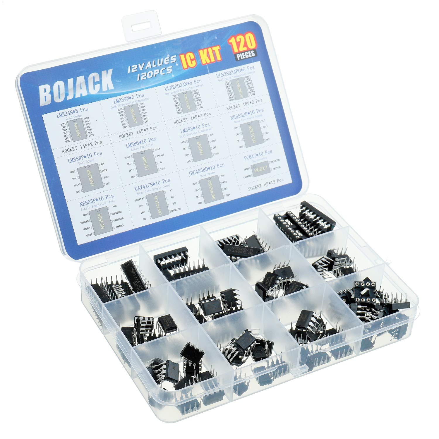 BOJACK 12 Values 120 Pcs Opamp Timer Darlington Phototcoupler LM324 LM339 ULN2003AN ULN2803APG LM358P LM386 LM393 NE5532P NE555P UA741CN JRC4558D PC817 IC Assortment Kit