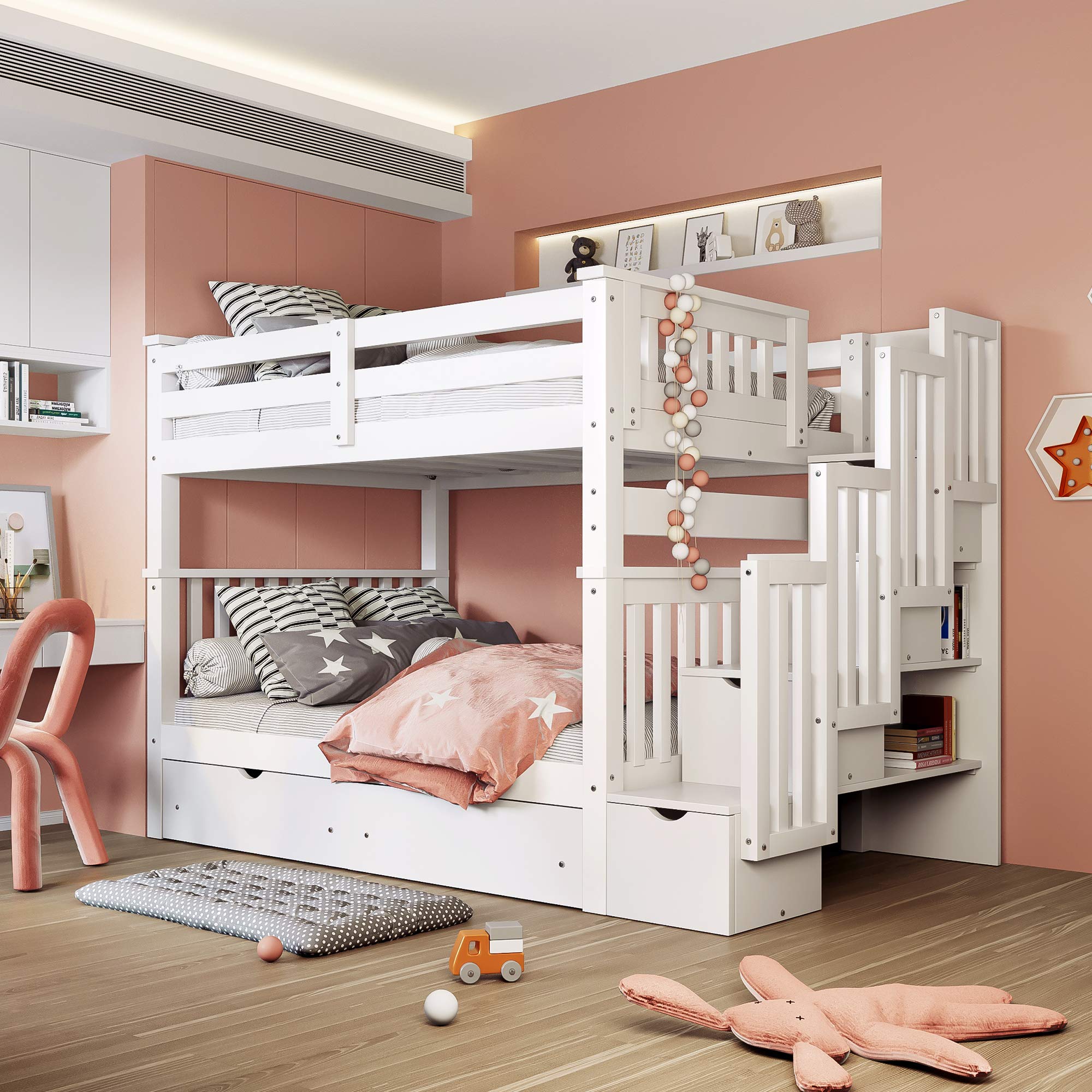 Harper & Bright Designs Full Over Full Bunk Bed with 6 Storage Drawers, Wooden Full Bunk Beds with Stairway and Shelves, Detachable Bunk Bed for Kids, Teens, Adults Boys & Girls (New, White)