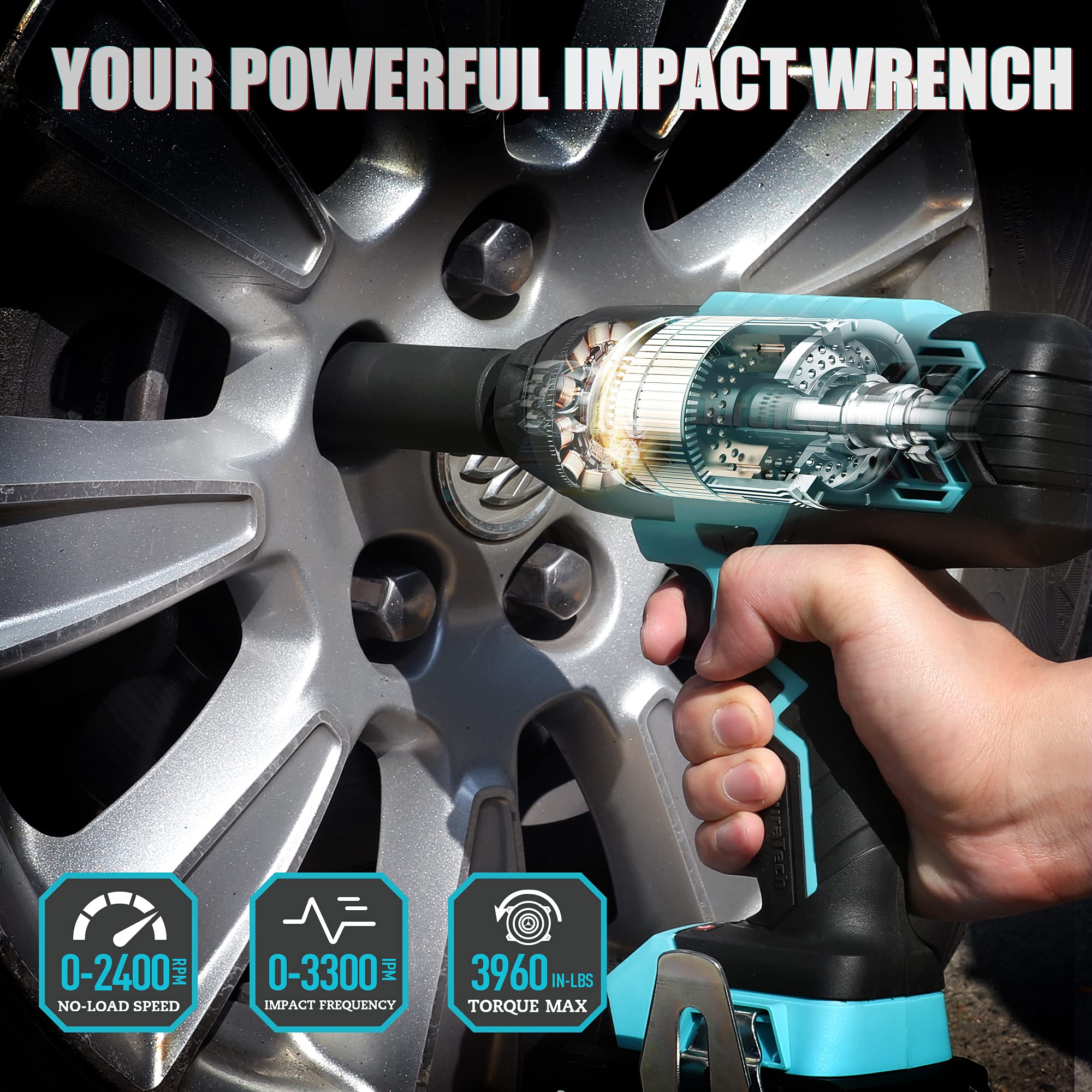 DURATECH Cordless Impact Wrench - Gifts for Dad, 20V Impact Gun, 1/2'' Drive, 330 Ft/lbs Max Torque, with 4 Impact Sockets, 4.0Ah Large Capacity Battery and Fast Charger Included, Great Gifts