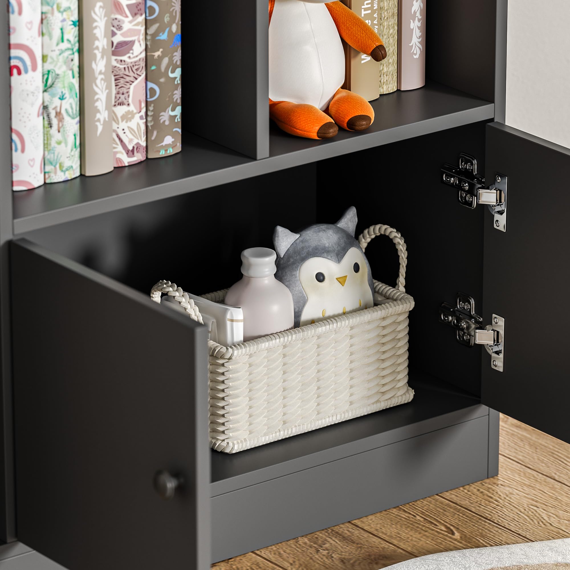 DIYART White Kids Bookshelf, Kids Bookcase with 11 Cubbies and 2 Cabinets, Freestanding Book Storage Shelves for Bedroom, Playroom, Hallway