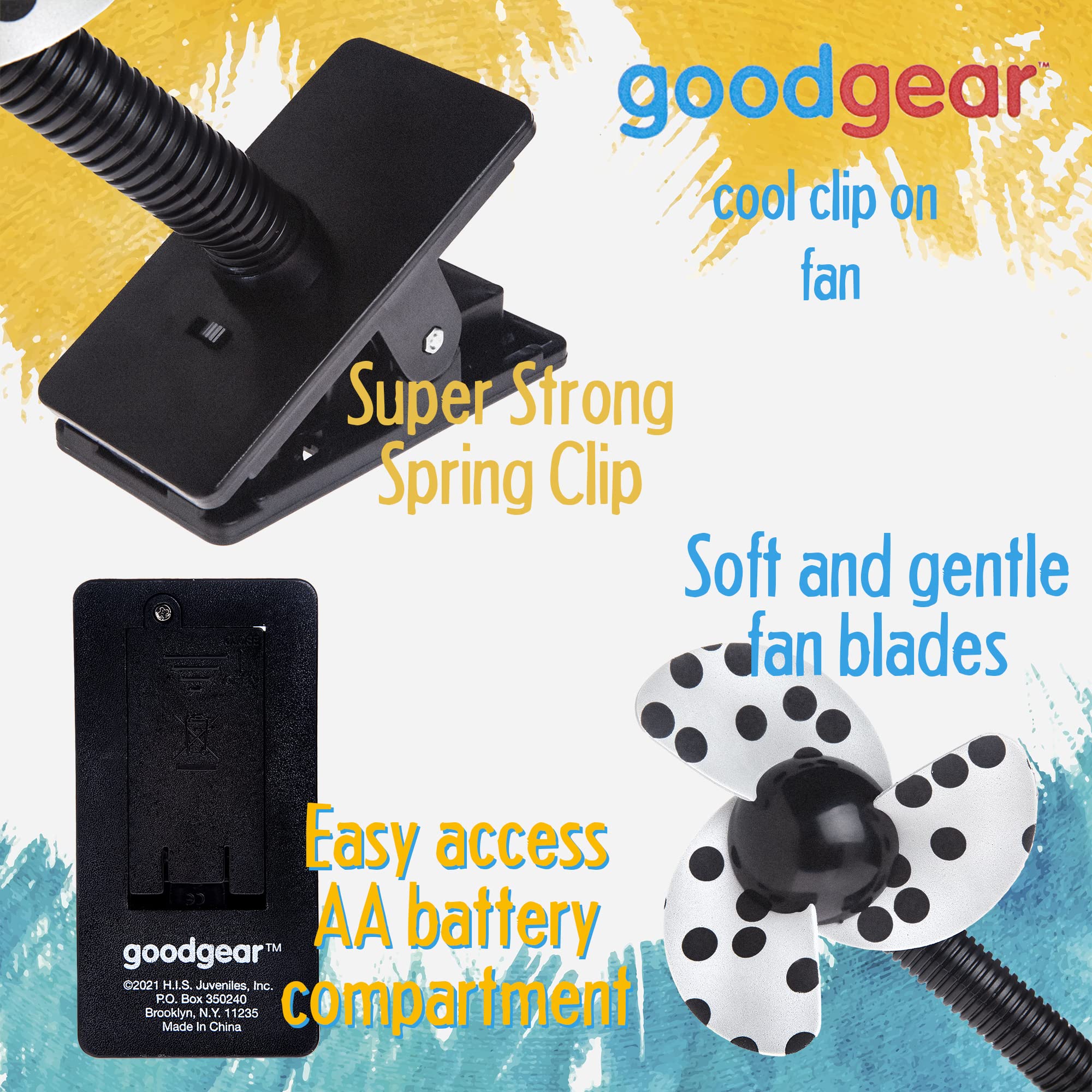 Good Gear Soft Fin Clip On Fan for Travel Stroller, Baby Crib & Car Seat - Black Dots/Grey