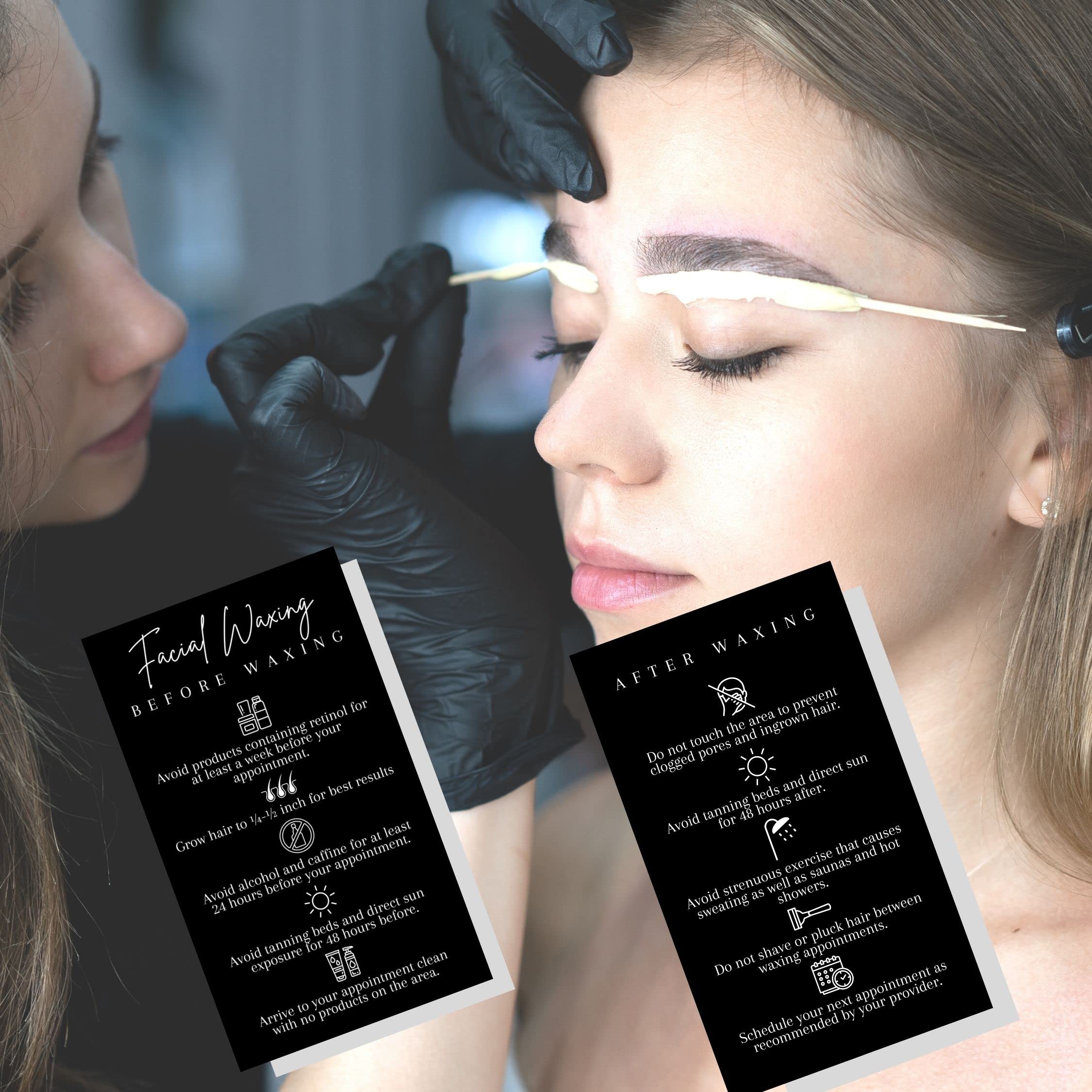 Facial Waxing Before & After Instruction Card | 50 Pack | 2x3.5β in Business Card | Waxing Supplies | Facial Waxing Instructions Cards for Estheticians Using Hard or Soft Wax | Black and White Design