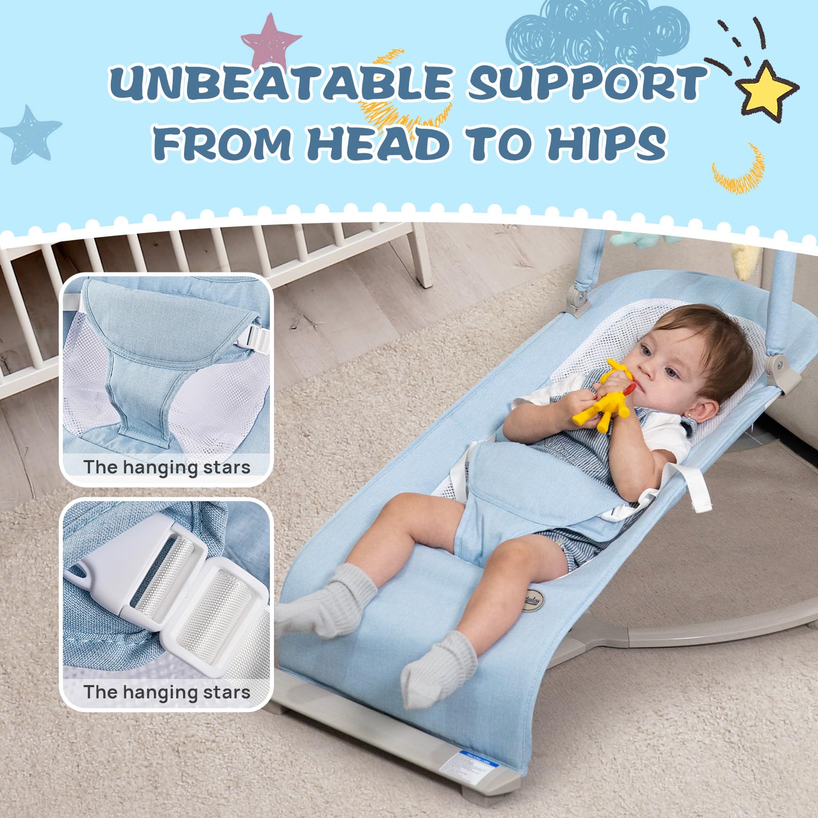Baby Bouncer, Portable Soothing Baby Bouncer Seat and Swing with 3-Point Harness Comfortable Baby Rocker for Babies 0-6 Months, 0-20 lbs (Light Blue)