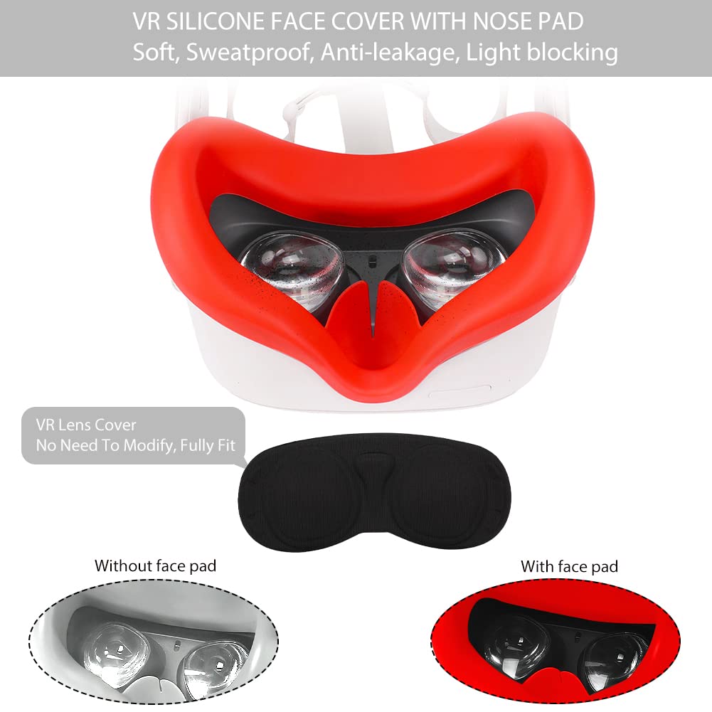BestMal Touch Controller Grip Cover for Oculus Quest 2 with VR Silicone Face Cover, VR Shell Cover, Quest 2 Lens Cover, Thumb Button Cap, VR Disposable Mask and Cleaning Cloth (Red)