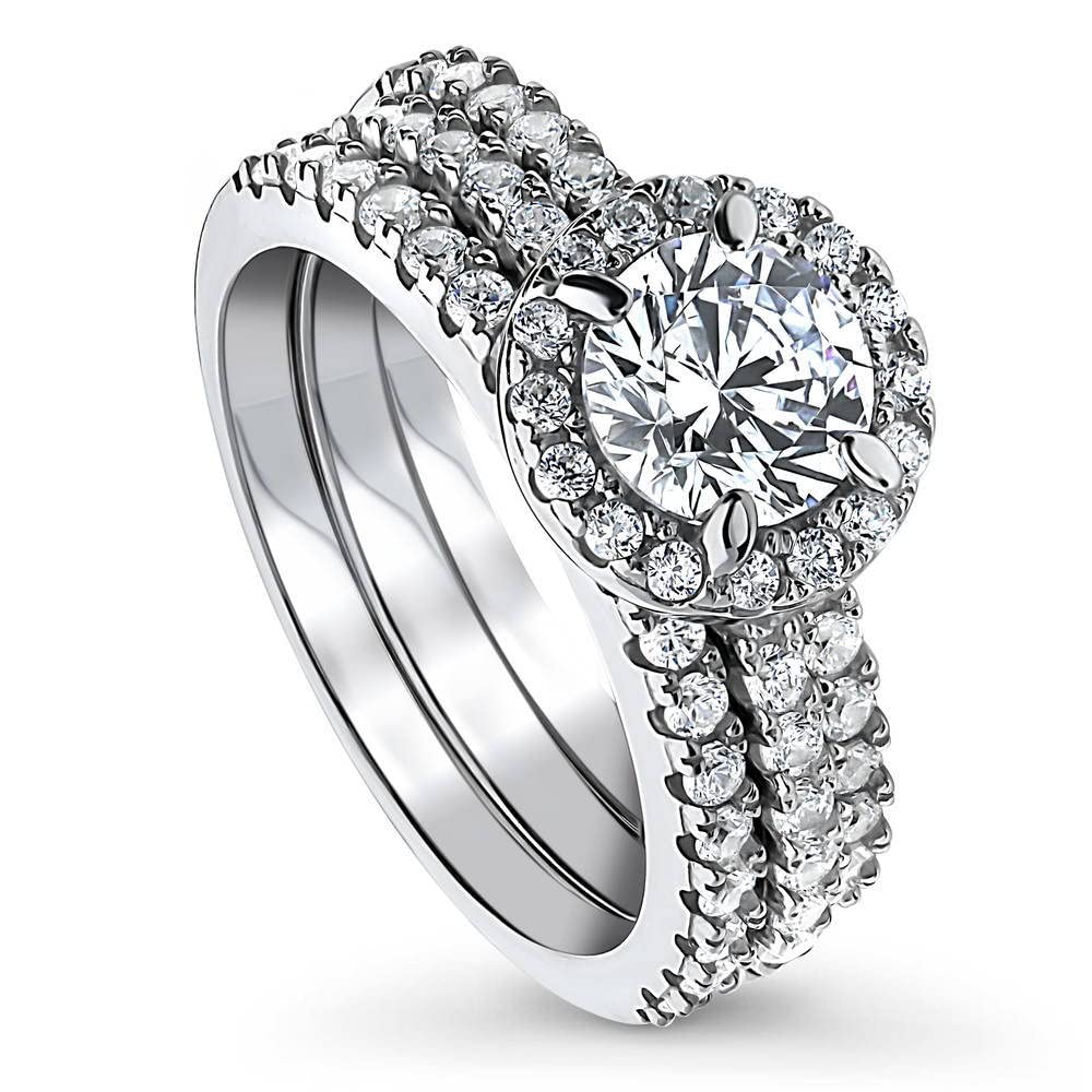 BERRICLE Sterling Silver Halo Wedding Engagement Rings Round Cubic Zirconia CZ Ring Set for Women, Rhodium Plated Size 6