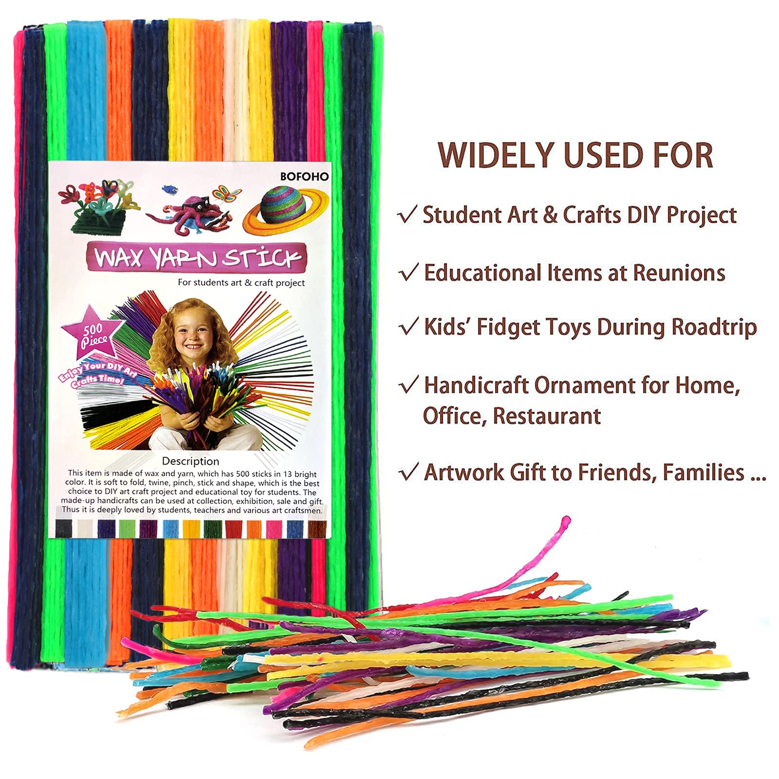 Bofoho 500pc Wiky Sticks Art Crafts Wax Yarn Sticks Non-Toxic Bendable Wiky Sticky Material in Bulk. Perfect Handicraft Gift, Entertainment for Home and Travel Student DIY Project
