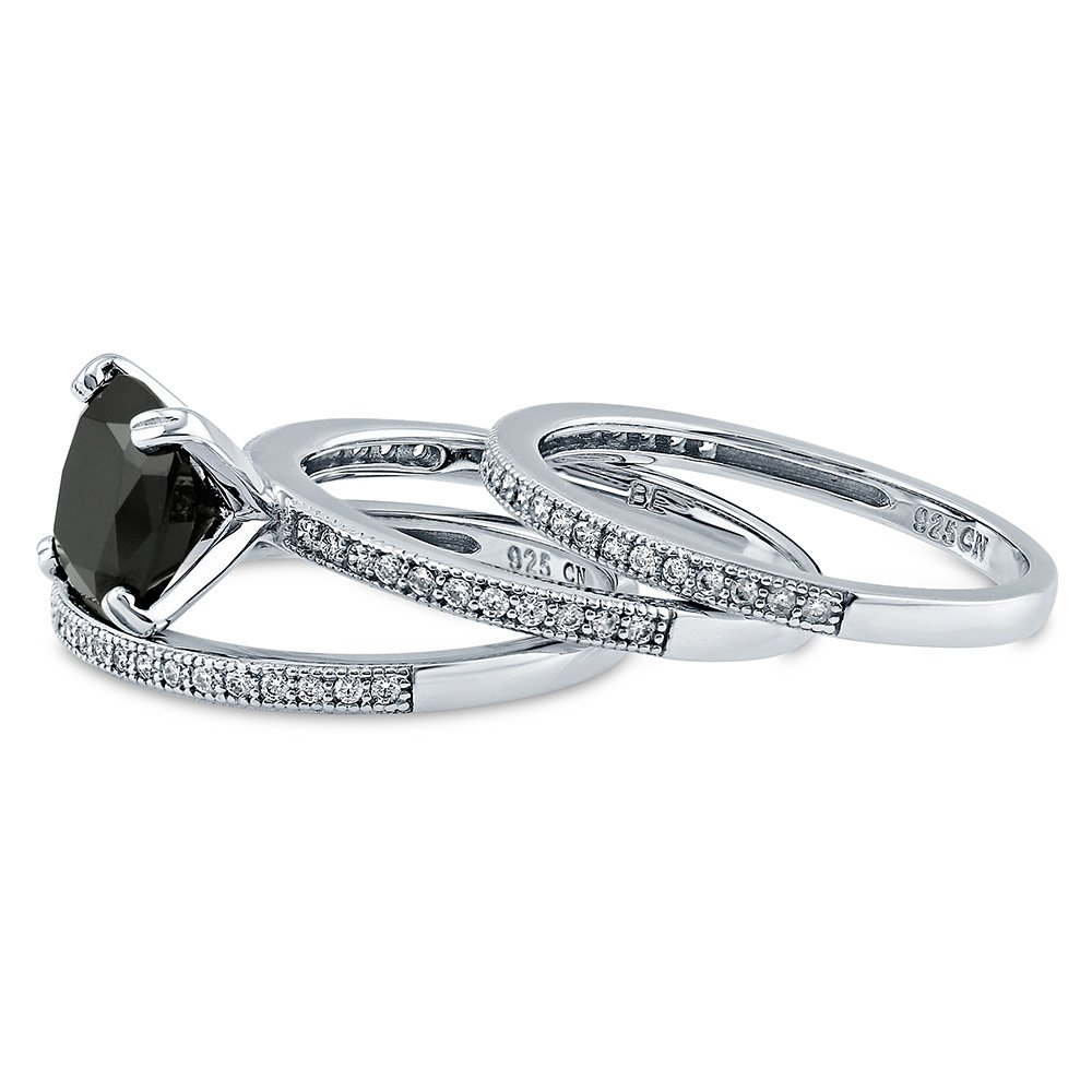 BERRICLE Sterling Silver Solitaire 3 Carat Black Cushion Cut Cubic Zirconia CZ Stackable Fashion Ring Set for Women, Rhodium Plated Size 7