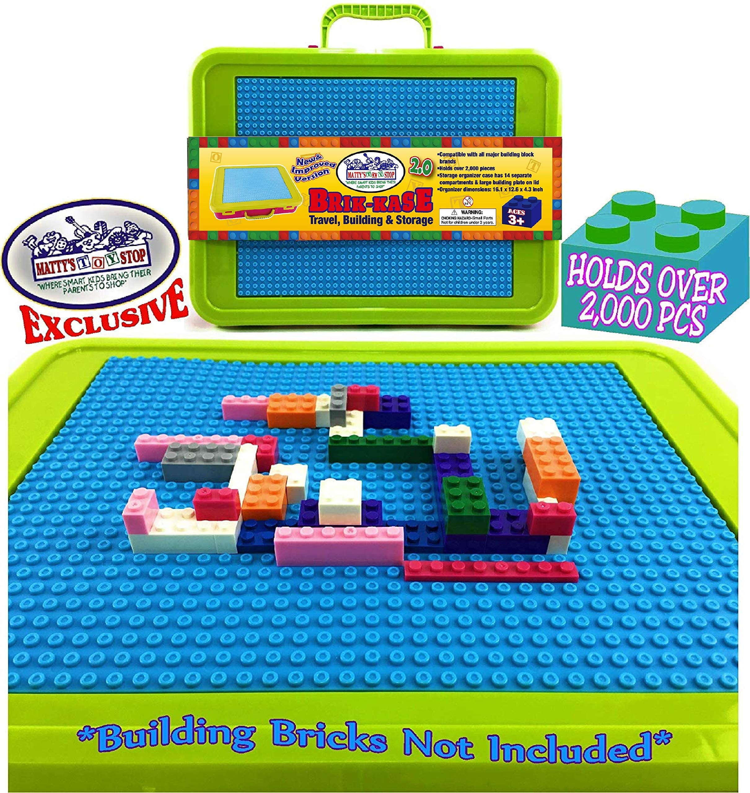 Matty's Toy Stop Brik-Kase 2.0 Travel, Building, Storage & Organizer Container Case with Building Plate Lid (Holds Approx 2000pcs) - Compatible with All Major Brands (Pink, Lime & Aqua)