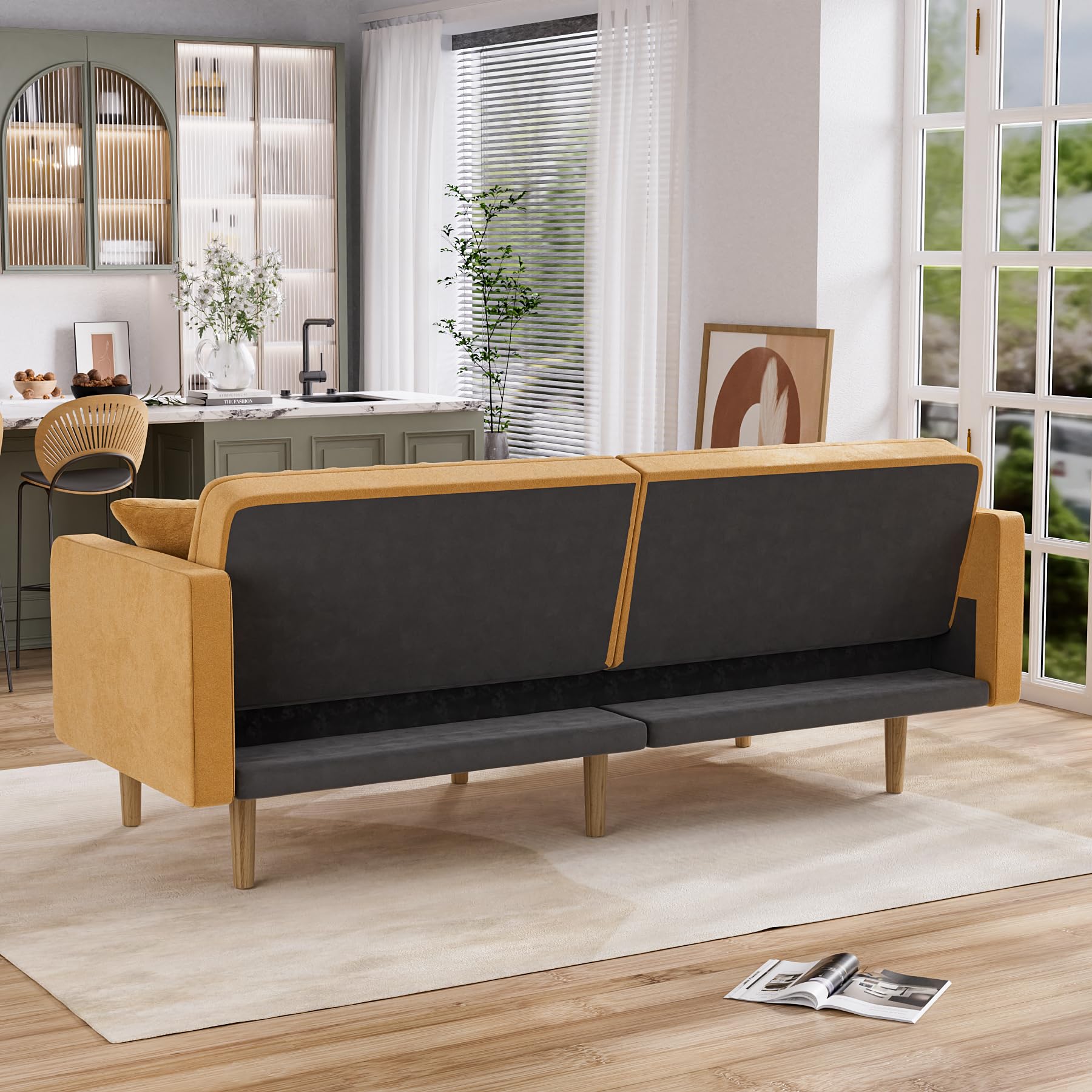 OUYESSIR Futon Sofa Bed, 75.3", Couch, Small Sofa, Sleeper Sofa, Loveseat, Mid Century Modern Velvet Futon Couch with 2 Pillows for Living Room (Yellow Velvet, Futon)