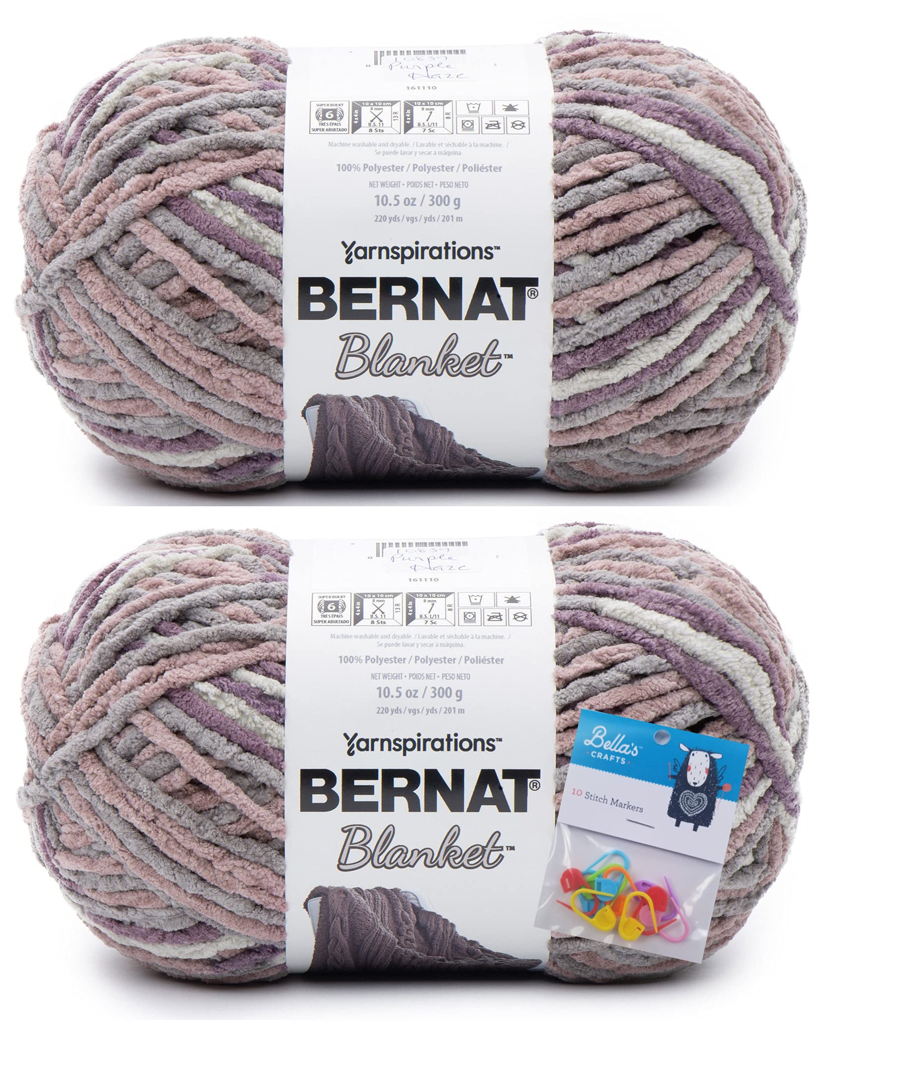 Bernat Blanket Yarn - Big Ball (10.5 oz) - Purple Haze - 2 Pack Bundle with Bella's Crafts Stitch Markers