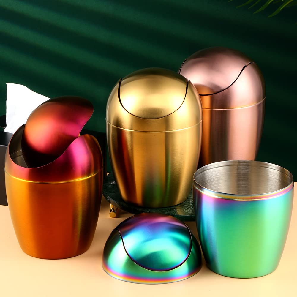 Mini Desktop Trash Can With Swing Lid, Gold Metal Garbage Can, Premium Stainless Steel 18/10 Reusable Waste Bin For Kitchen Bathroom Office Dressing Table Counter Top, Egg Shaped(Gold, 0.4 Gallon)