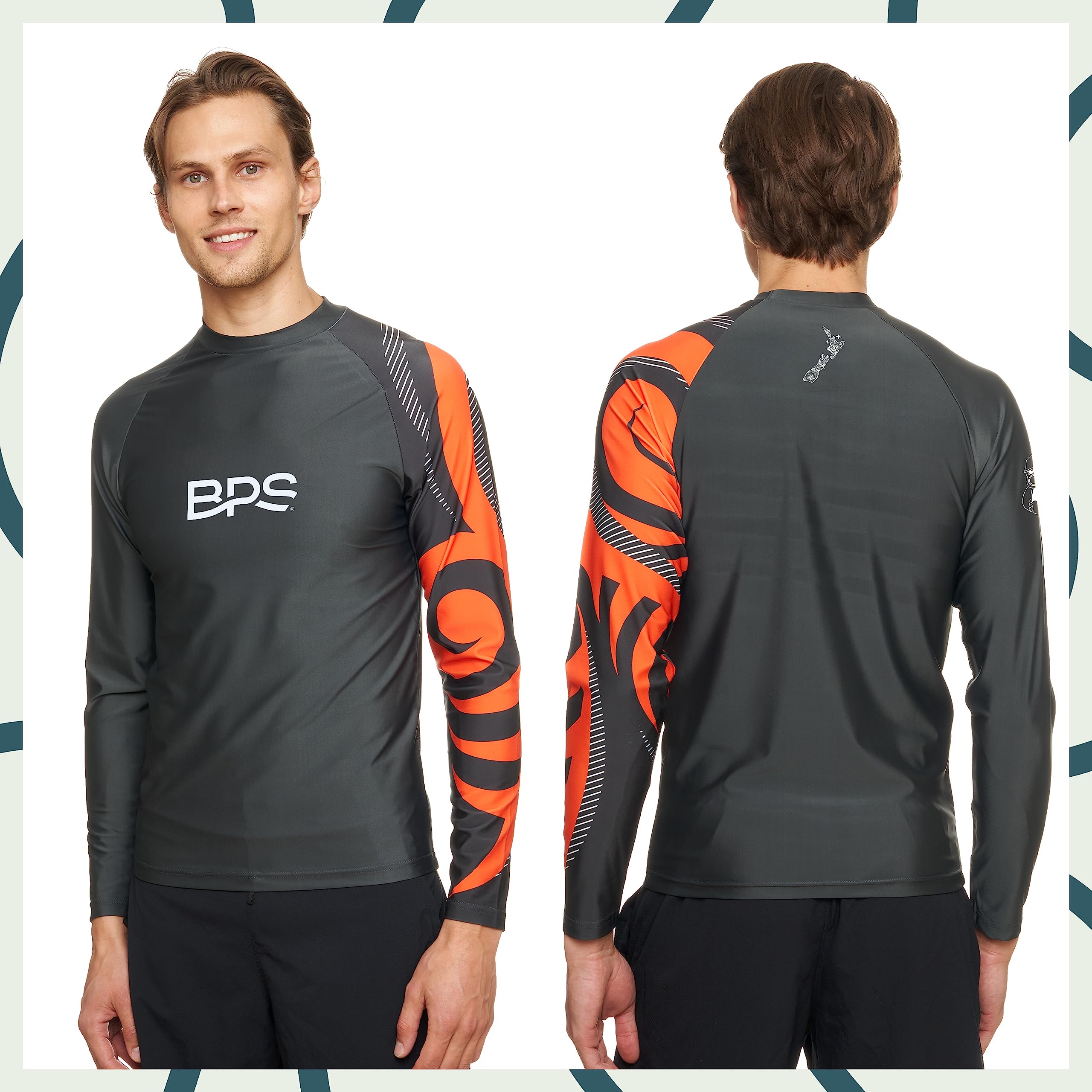 BPS Men's Long Sleeve Swim Shirt/Rash Guard with Sun Protection (Patterned Charcoal Orange, XL)