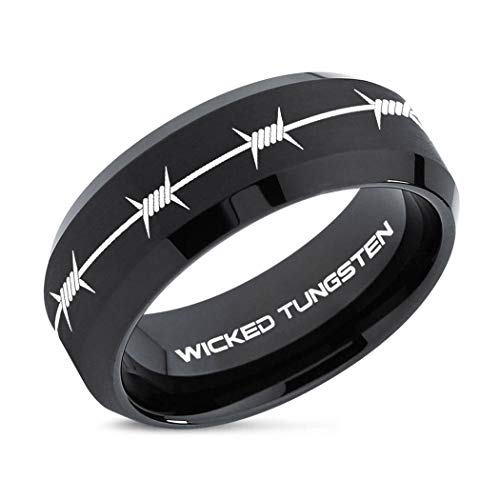 Barb Wire Ring Biker Ring Black Tungsten Ring Black Tungsten Wedding Band Barb Wire Pattern Laser Engraved (10.5)