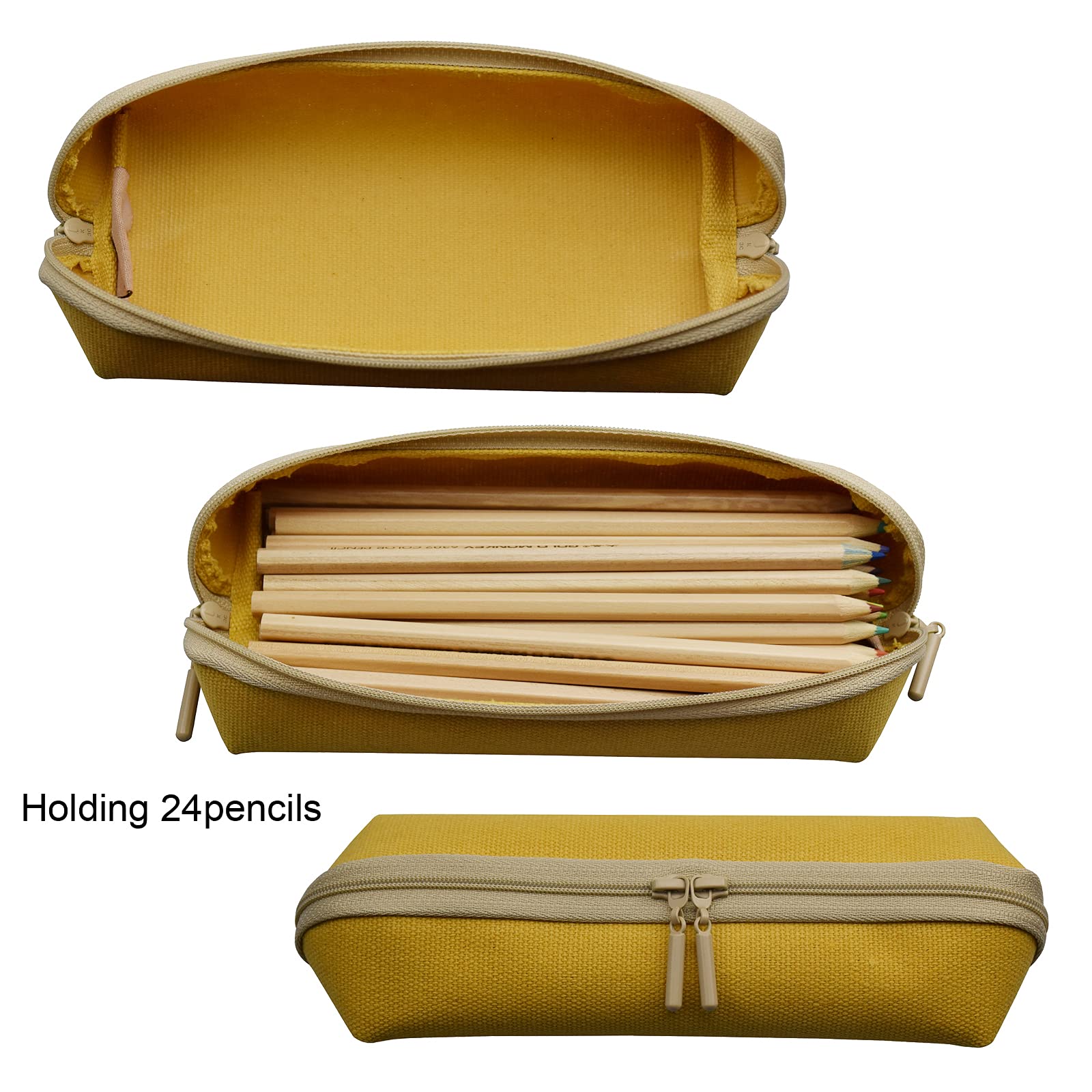 enyuwlcm Canvas Stationery Stylish Small Pencil Pouch and Slim Pencil Case with 2 Zippers 1 Pack Yellow